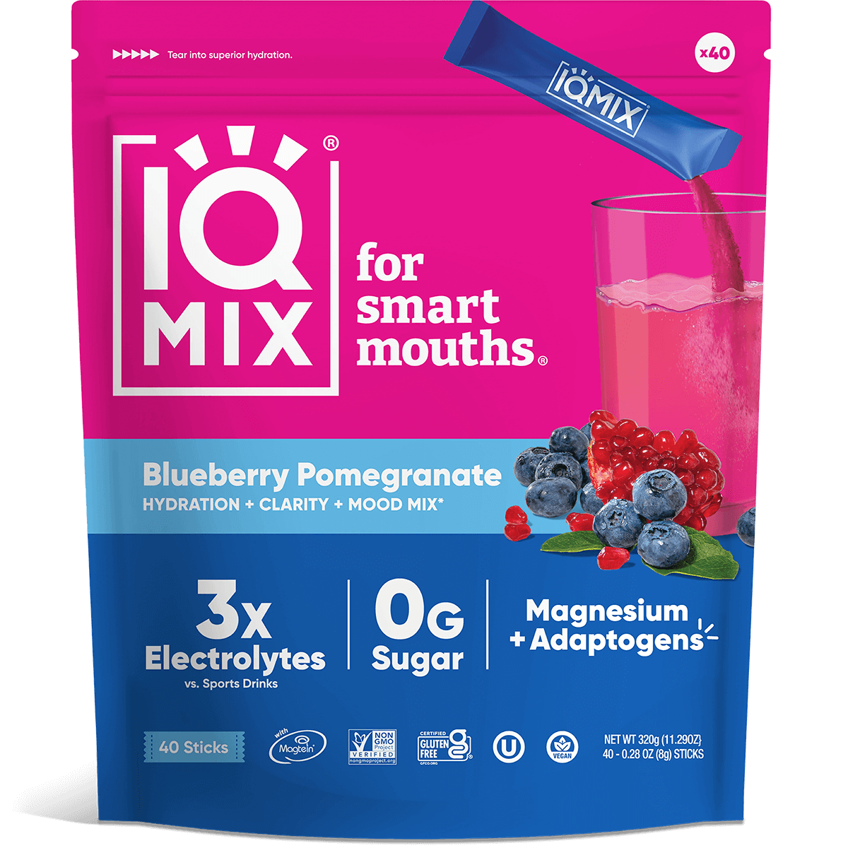 IQMIX Blueberry Pomegranate Electrolyte Powder + Magnesium, 40-Sticks