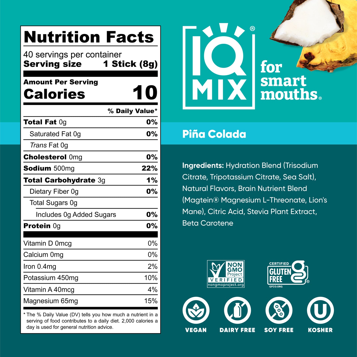 IQMIX Piña Colada Hydration Packets, Electrolyte Powder, 40-Sticks